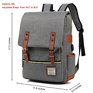 UGRACE Laptop Backpack, Grey, Unisex, 15.6" Laptop Compartment, 6 Compartments, USB Charge Port, Adjustable Shoulder Strap, PU Leather Belt