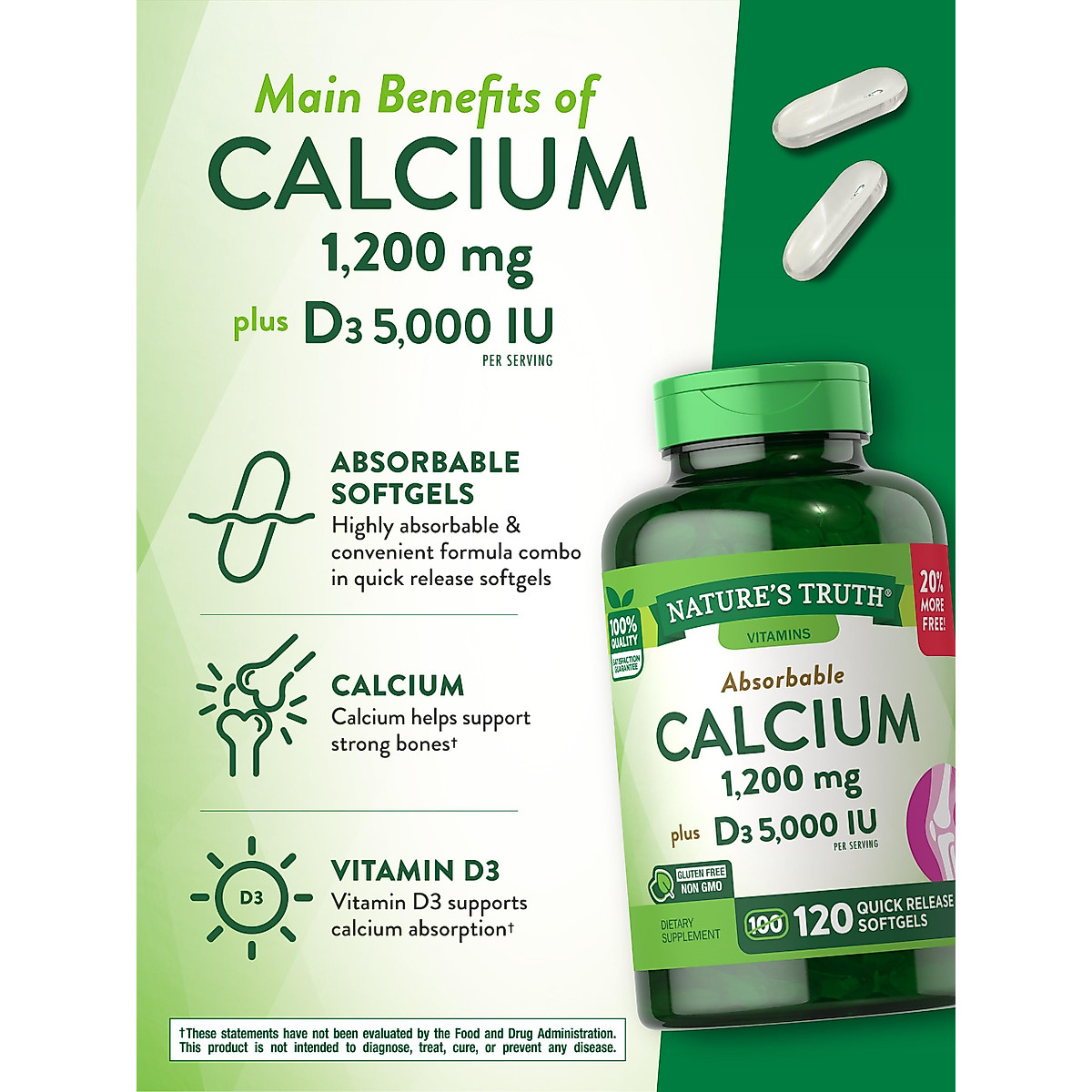 Absorbable Calcium 1200 mg with Vitamin D3 5000 IU | 120 Softgels | Calcium Carbonate Supplement | Non-GMO Gluten Free | by Nature's Truth
