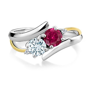Gem Stone King 925 Sterling Silver and 10K Yellow Gold Red Created Ruby and Sky Blue Aquamarine with Lab Grown Diamond 2 Stone Crossover Ring For Women (1.52 Cttw, Available in size 5, 6, 7, 8, 9)