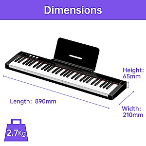 TERENCE Keyboard Piano with 61 Semi-weighted Keys & 1800mAh Battery Support MIDI USB Interface & Piano Application with Bluetooth Sheet Music Stand Sticker Bag Audio Cable Earphones