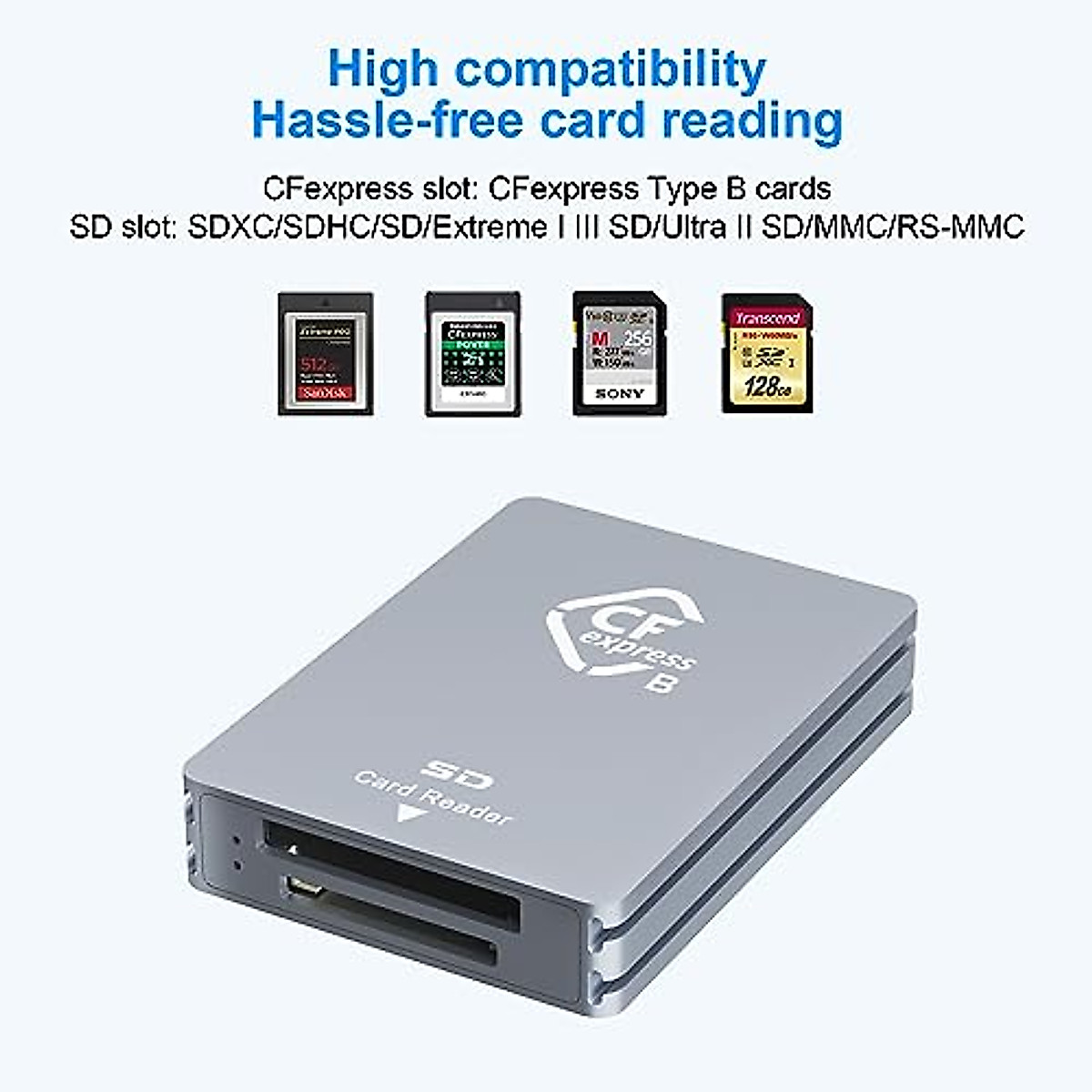 CFexpress Type B/SD Dual Slot Card Reader USB C, USB 3.2 Gen 2 10Gpbs, Compatible with CFexpress Type B Card/SD Memory Card, Aluminum CFexpress Card Adapter with USB C to USB C/USB A Cable