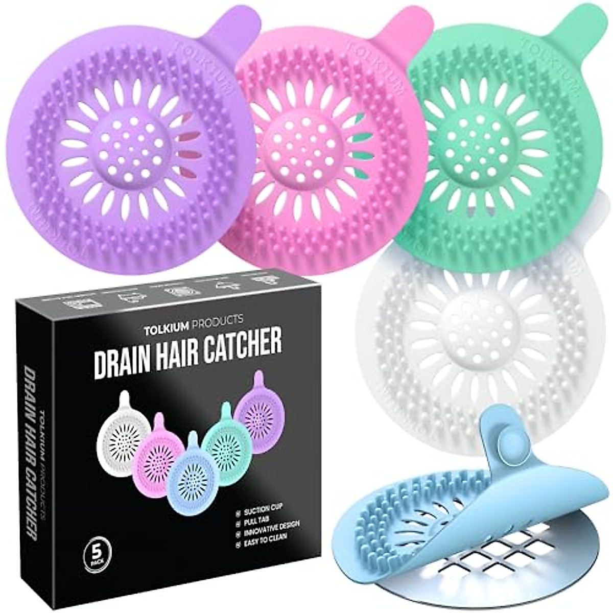 TOLKIUM Vibrant Drain Hair Catcher 5-Pack - Durable Silicone Like Shower Drain Cover Hair Catcher for Bath, Sink, Shower, and Bathtub - Home Essentials Drain Cover to Help Prevent Clogging