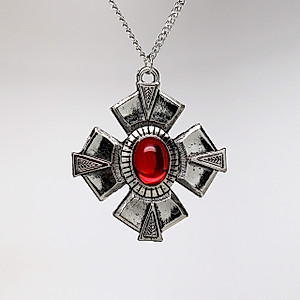 Medallion with Red Cabochon Medieval Renaissance Silver Finish Pendant Necklace