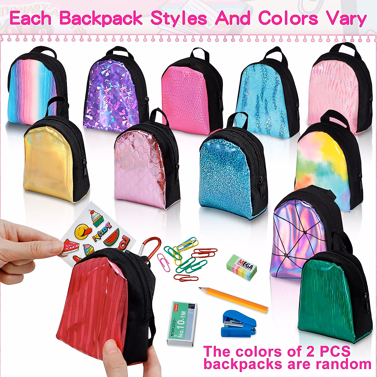 2 Pieces Mini Doll Backpack Toys with 12 Stationery Surprises Inside, Collectible Mini Backpack for Doll with Carabiner, Doll School Supplies Best Gift for Boys and Girls (Styles and Color Vary)