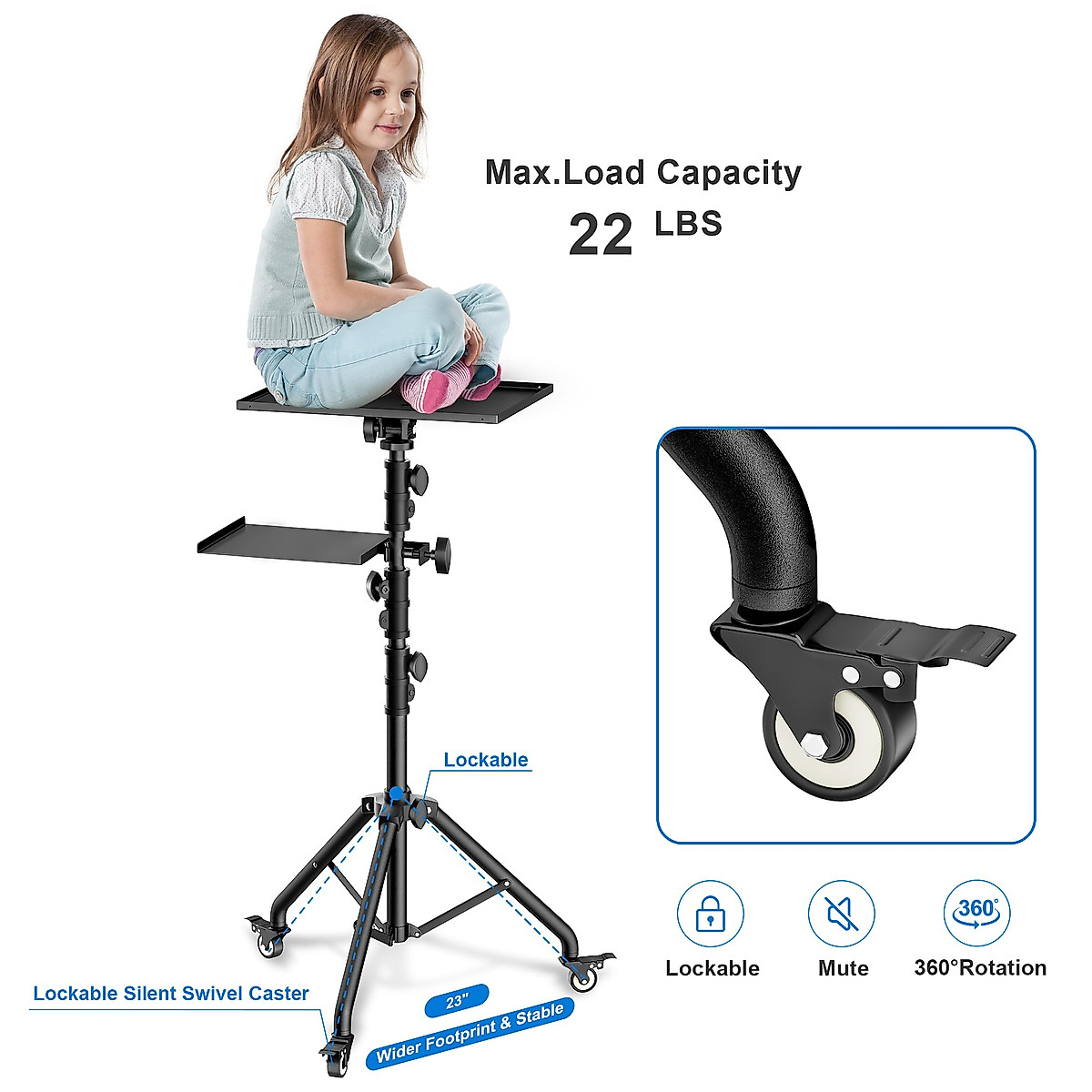 YoTilon Projector Stand Tripod From 28'' to 56'',Laptop Tripod Stand With Wheels and 2 Shelves, Rolling Projector Stand for Outside, Projector, DJ equipment, Sheet Music, Cell Phone.