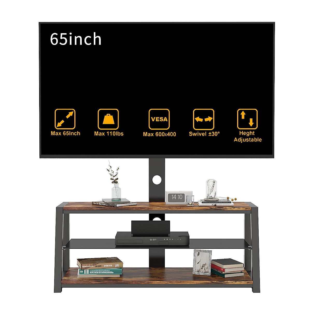 Universal TV Stand Wooden Swivel TV Stand with Storage for 32'' - 65'' TV. Height Adjustable Floor TV Stand with Tempered Glass. Entertainment Center with Mounting TV Stand