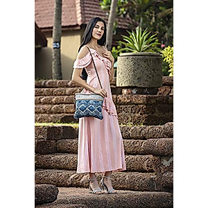 Myra Bag Floto Blue Upcycled Canvas & Cowhide Leather Crossbody Bag S-1575