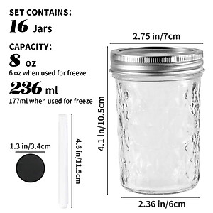 OAMCEG 16 Pack 8 OZ Mason Jars with Lids Regular Mouth Canning Jars, 100% Recycled Glass Bottles for Regular Mouth Mason Jars, Ideal for Juice, Jam, Honey and Spice, Honey, Baby Foods