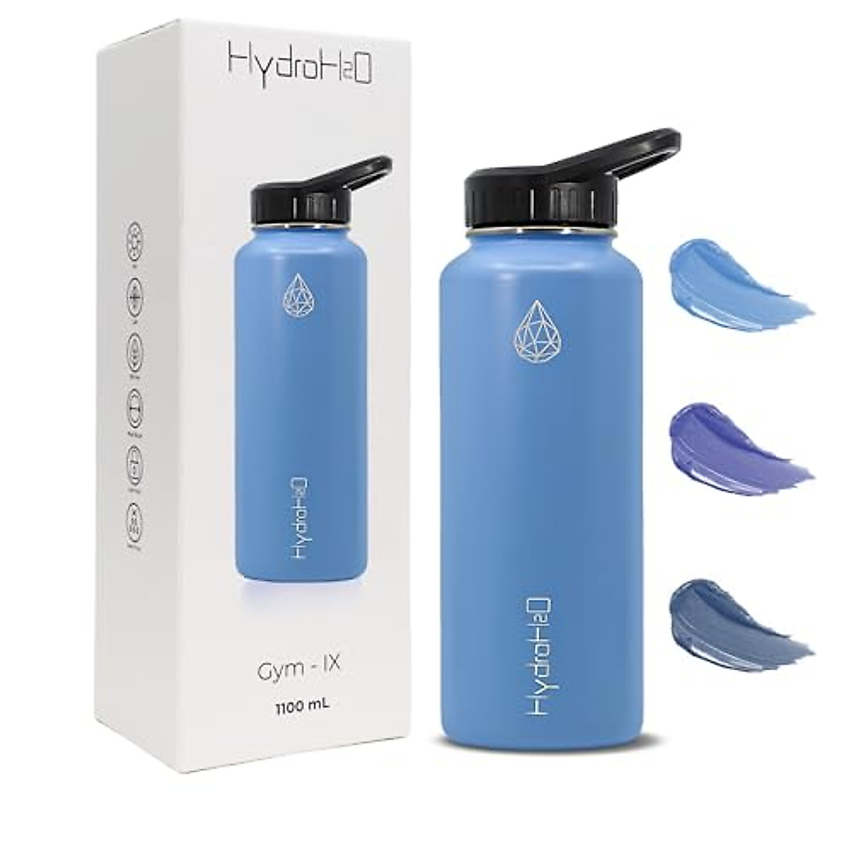 HYDRO H2O 37 oz Insulated Water Bottles with Twist Cap, Stainless Steel Water Bottle, Leak Proof Metal Water Bottle, Resuable Thermos BPA Free Flask, Light Blue