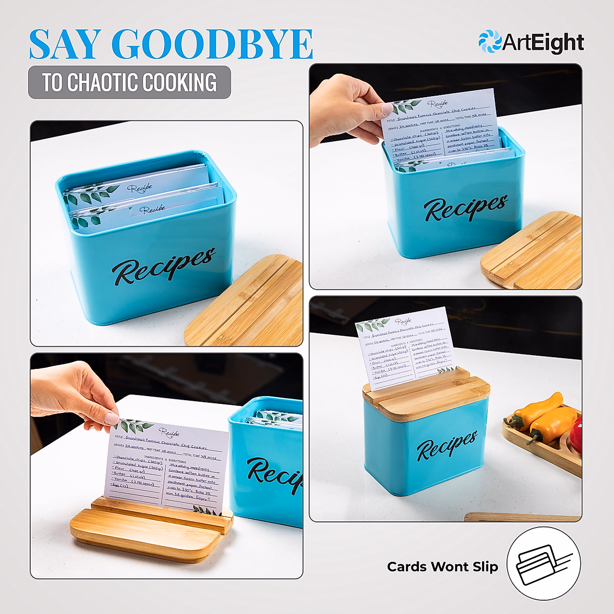 ArtEight Recipe Box - White - 4"x6" Recipe Cards and Box Set - Durable Recipe Card Box with Thicker Metal - Includes 25 Cards and 10 Dividers - Beautiful Recipe Box with Cards and Dividers