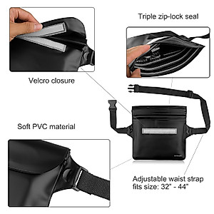 Waterproof Waist Pouch 2-Pack | Beach Accessories Waterproof Fanny Pack Dry Bag for Swimming Snorkeling Sailing Kayaking Pool Water Parks | Keep Your Phone Wallet Safe and Dry (Black & Black)
