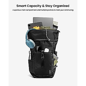 tomtoc Roll Top Laptop Backpack, Lightweight, Water-Resistant Commute Expandable Casual Daypack for 13-16 inch MacBook, Rucksack for Work College Trip, Large Capacity Adjustable 17-23L, Black