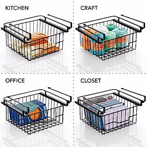 mDesign Compact Hanging Pullout Drawer Basket - Sliding Under Shelf Storage Organizer - Metal Wire - Attaches to Shelving - Easy Install - for Kitchen, Pantry, Cabinet - 2 Pack - Black