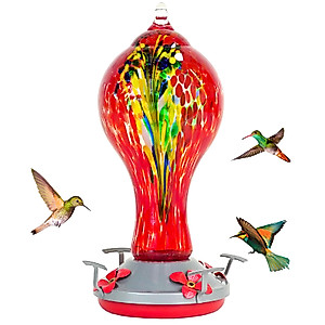 Digipettor Hummingbird Feeders for Outdoors, Hanging Glass Hummingbird Feeder Anti-Ant and Bee Metal Base with 4 Feeding Leak Proof Garden Decor, 25 Oz for Easy Cleaning and Presents-Blue