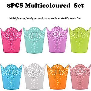 AOKIVIGOA 8pcs Set Pencil Holder Cup Lovely Cute Plastic Hollow Flower Pencil Pots for Office School and Home Pen Ruler Stationery Makeup Brush Storage Organizer with Sticky Notes (Multicoloured)