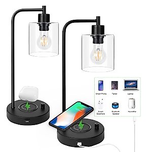 E-Senior Set of 2 Industrial Table Lamp, Wireless Charging Nightstand Lamp, Bedside Lamp with USB, Fully Stepless Dimmable Table Lamp for Bedroom Living Room Office (LED Bulbs Included)