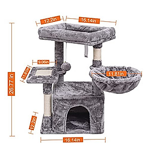 SYANDLVY Cat Tree for Indoor Cats, Activity Tower with Scratching Posts & Board, Modern Kitten Condo with Plush Perch, Hammock & Hanging Ball for Play (Light Grey)