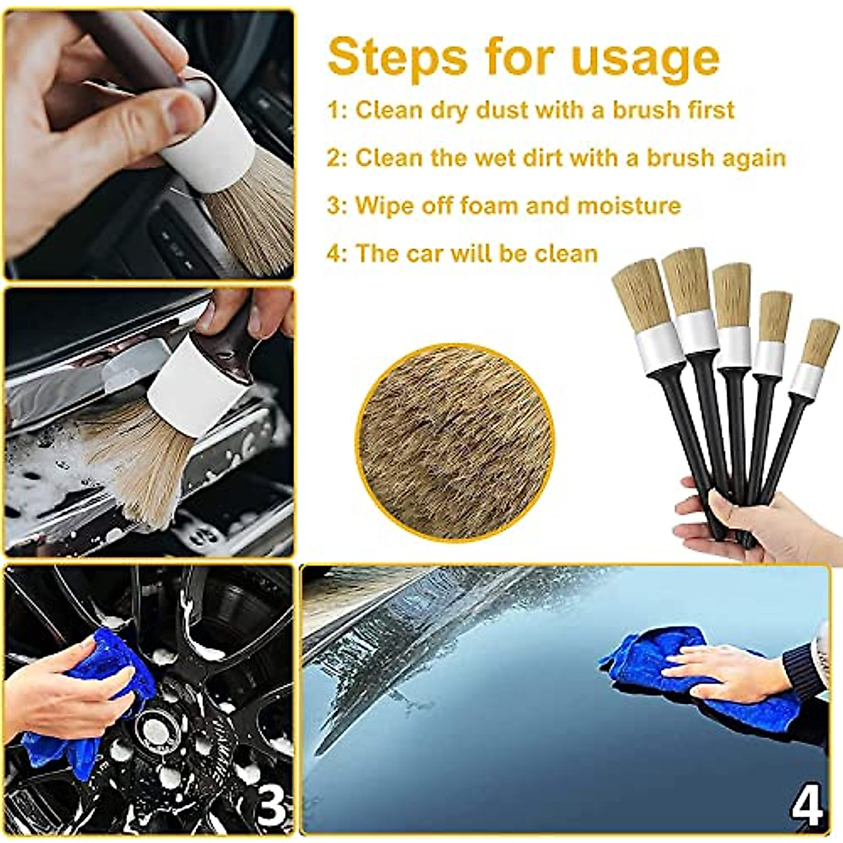 Detailing Brush Set, 5 Pcs Soft Automotive Detail Brushes, Different Sizes Car Detailing Brushes for Cleaning Wheels, Interior, Exterior, Engine