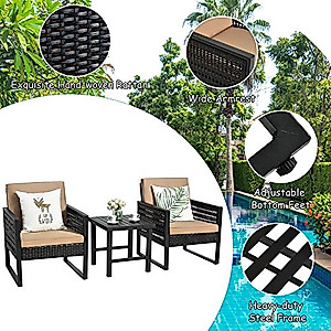 RELAX4LIFE 3-Piece Patio Furniture Set - Wicker Rattan Sofa Set, Bistro Set with Coffee Table, Seat & Back Cushions, Outdoor Conversation Set for Garden, Backyard, Poolside