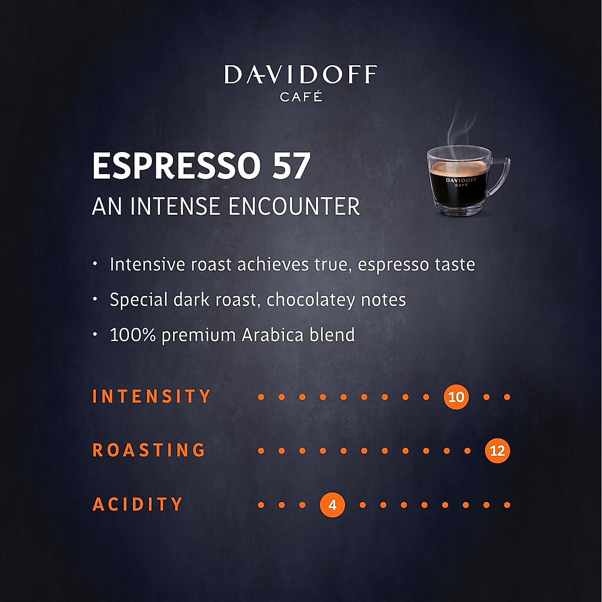 DAVIDOFF Espresso 57 Whole Beans - Dark and Chocolatey - Intense Roast with a Smooth Aroma - 100% Arabica Beans - 10/12 Intensity. 12/12 Roasting. 4/12 Acidity - 1 x 17.63 oz