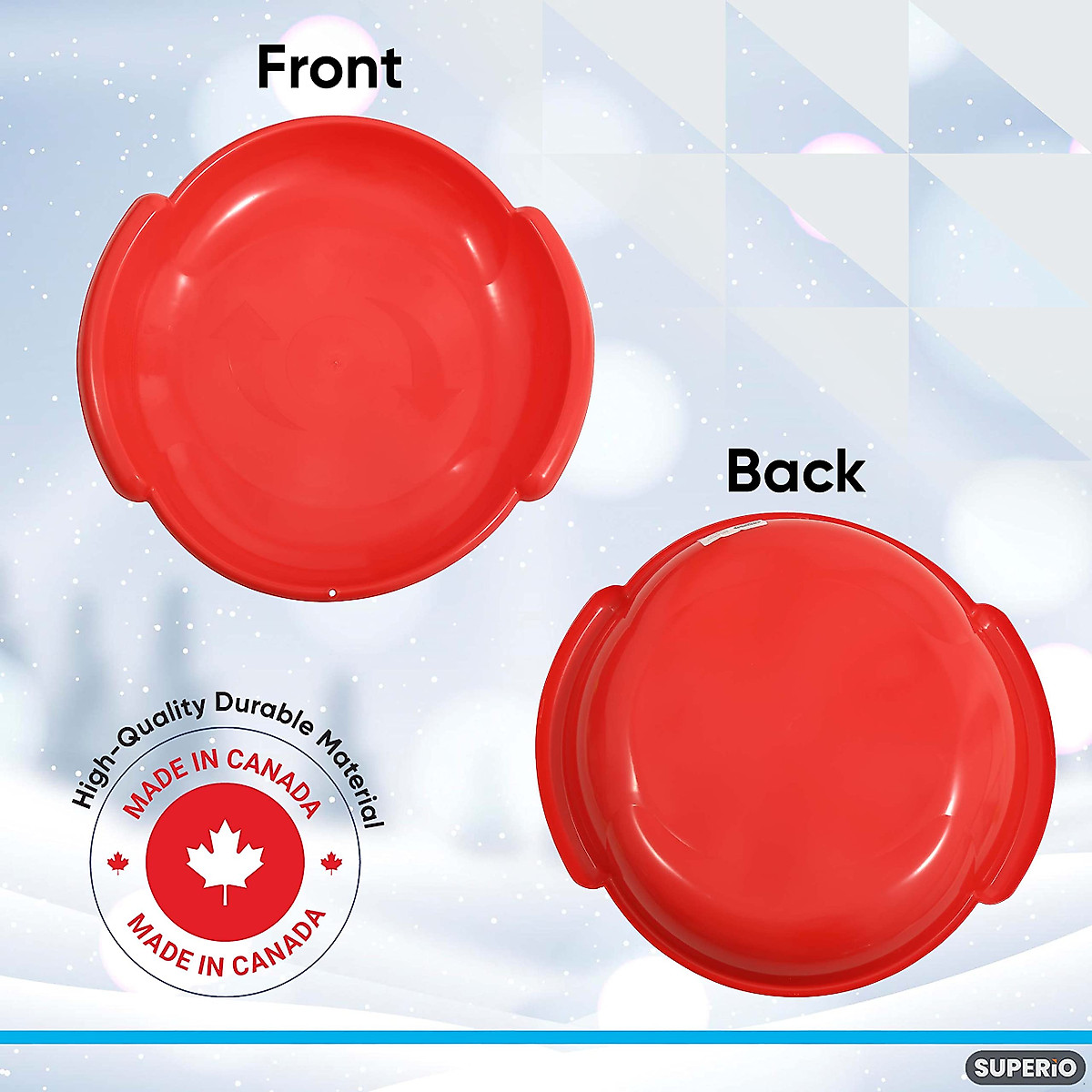 Superio Round Snow Saucer Sleds- 24” Plastic Disc Sleds for Kids and Adults- Heavy Duty Sled Discs with Handles for Downhill Sledding, Winter Outdoor Sports, (Red and Blue)