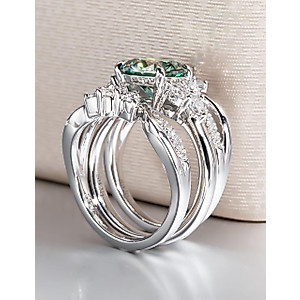 CannyCat Fancy Vivid Blue Green Moissanite Wedding Band Ring Set for Women 4.2 cttw Moissanite Engagement Rings Platinum-Plated Sterling Silver Wrap Guard Enhancers Anniversary Bridal Sets (size-8.5)