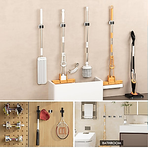 Adhesive Broom Holder Wall Mount - 9 Pack White Mop Hanger Cleaning Tools Handle Grippers Organizers - Heavy Duty Metal Broom Clip Hooks for Laundry Room Utility Closet Garage Garden Bathroom