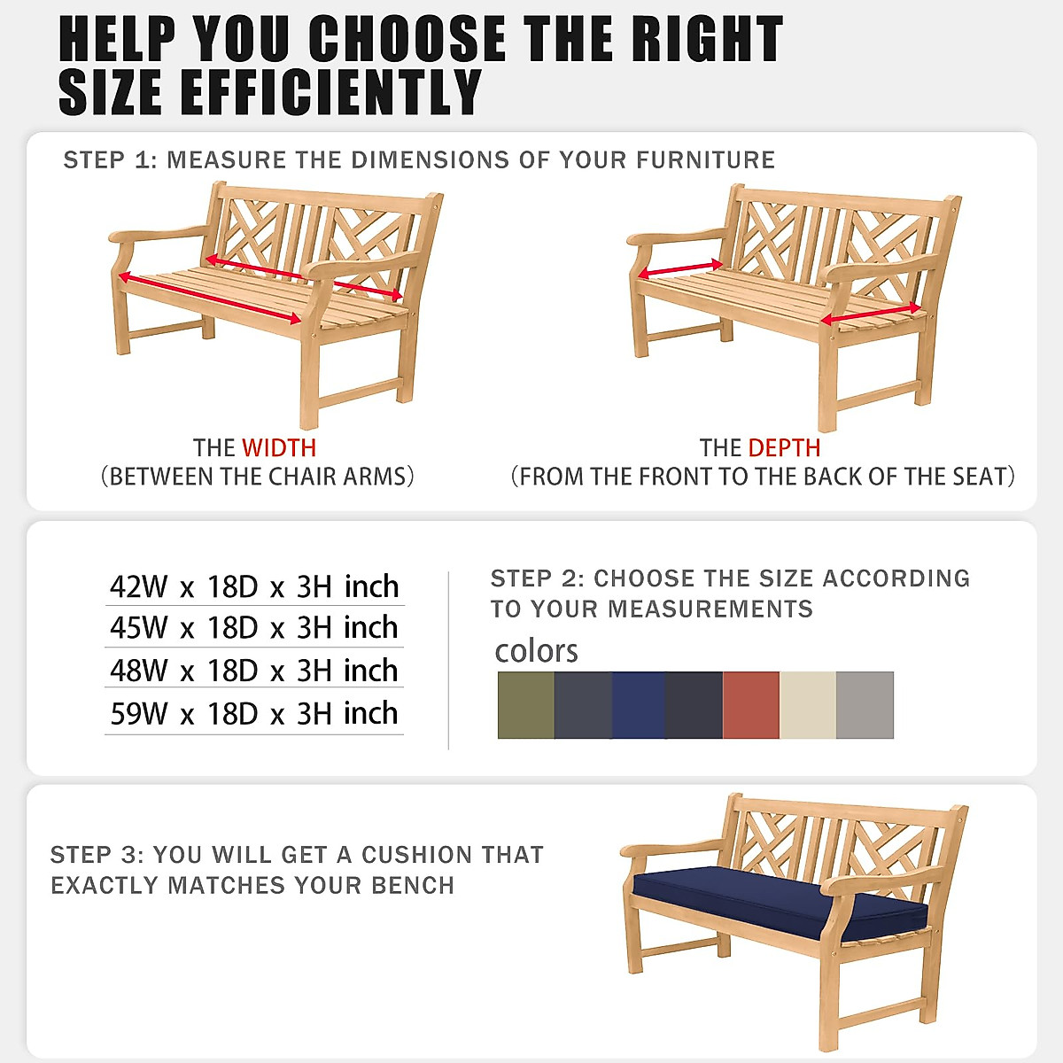 Favoyard Outdoor Bench Cushion 45 x 18 Inch Waterproof Patio Furniture Cushions 3-Year Color Fastness Garden Sofa Settee Couch Swing Pads with Handle and Adjustable Straps, Blue