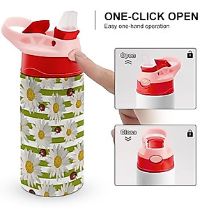 Kids Water Bottle with Straw Lid White Daisies And Ladybugs Print 12 Oz/350 Ml Stainless Steel Reusable Thermos Bottles