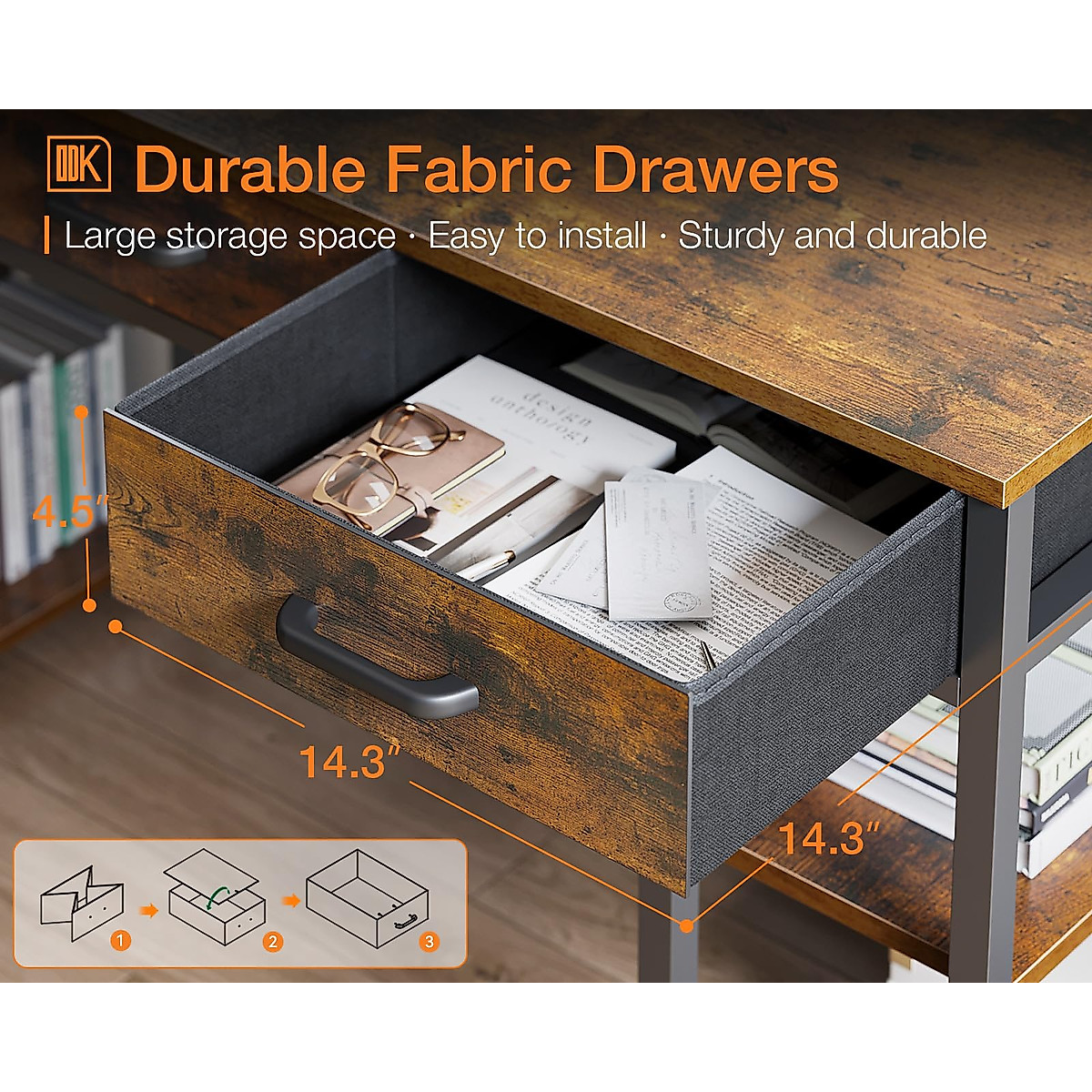 ODK Office Small Computer Desk: Home Table with Fabric Drawers & Storage Shelves, Modern Writing Desk, Vintage, 48"x16"