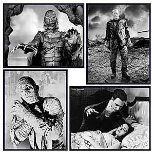 Dracula - Frankenstein - Creature From the Black Lagoon - The Mummy - Scary Movie Wall Art Set - Vintage Horror Movie Poster - Classic Monster Movies Wall Decor - Home Theater Room Decorations