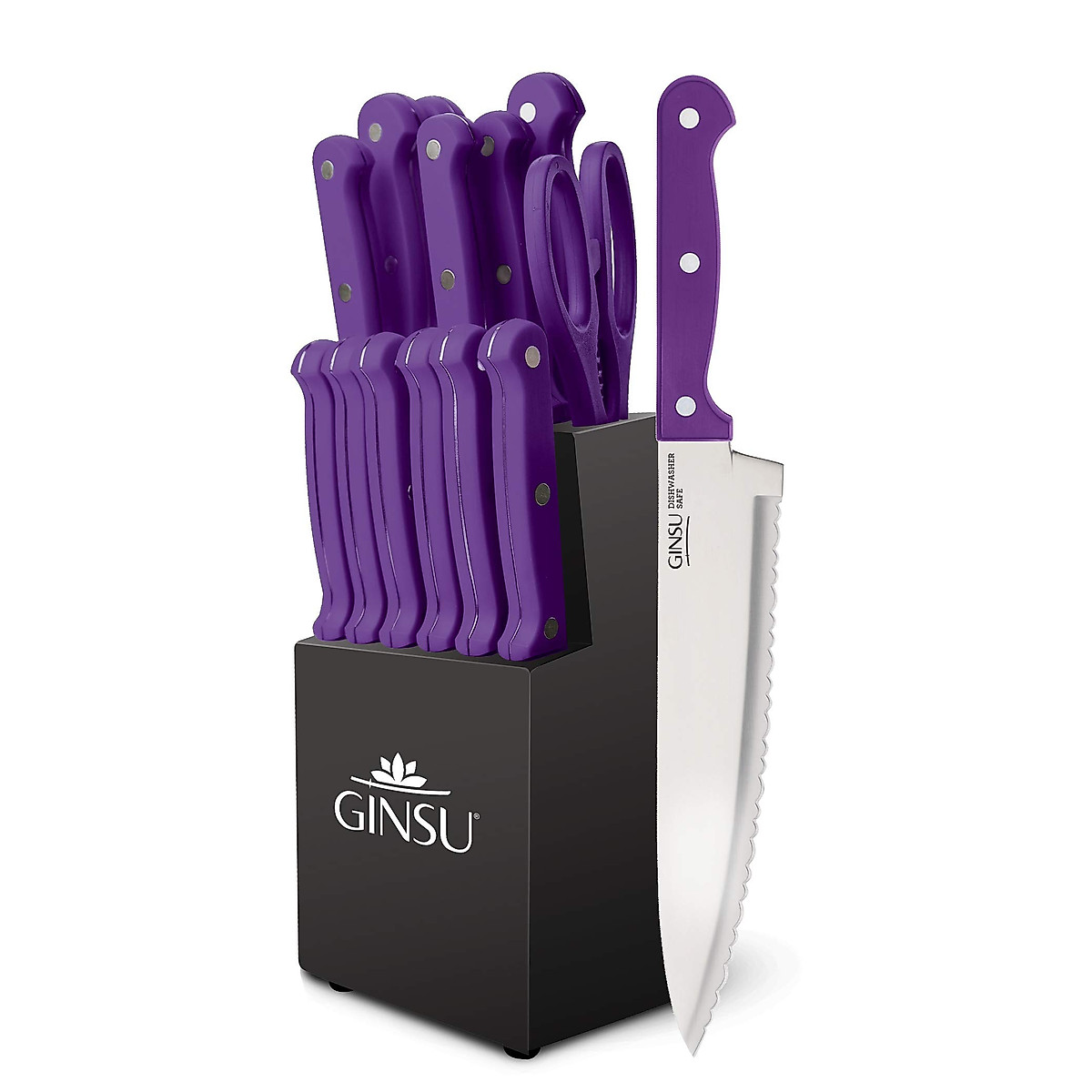 Ginsu Kiso 14-Piece Purple Knife Set with Black Block - Dishwasher Safe and Always Sharp