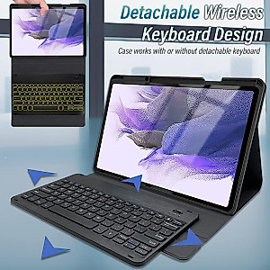 Backlit Keyboard Case for Samsung Galaxy Tab S8 Plus 2022/S7 FE 2021/S7 Plus 2020 12.4 inch with S Pen Holder, Wineecy 7 Colors Backlight Detachable Wireless Keyboard & PU Folio Stand Cover Case,Black