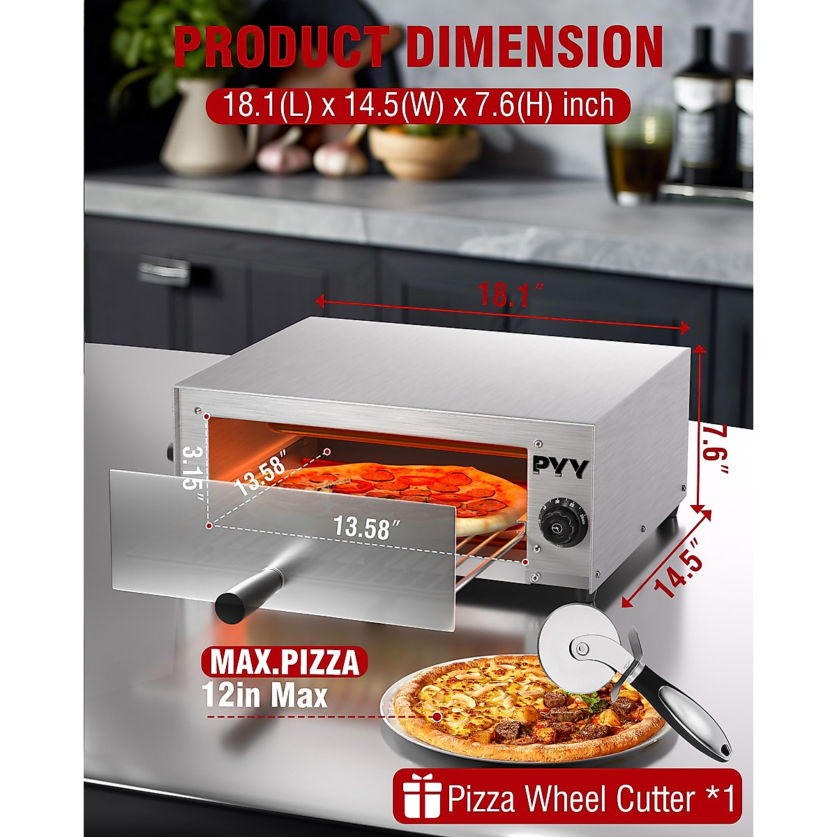 PYY Commercial Pizza Oven Electric up to 12 Inch Table Top Pizza Oven Indoor Stainless Steel Professional Pizza Cooker Baker Countertop with Timer & Crumb Tray for Commercial Kitchen Restaurant 1100W
