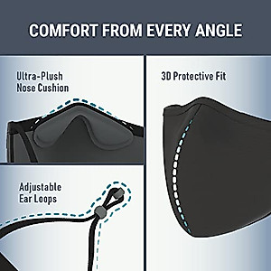 AIR+ Reusable Face Mask, Proven Protection for Men & Women, Filters >95% of Aerosolized Particles, Anti-dust, Washable, Breathable, Anti-fog for Glasses, Adjustable Ear Loops, Black Medium