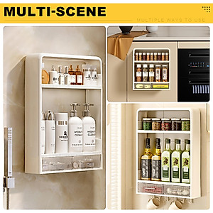 Oroonoko 2 Tier Plastic Bathroom Shelf Wall Mounted,Adhesive Shower Caddy Storage with 2 Drawers and 6 Hooks for Bathroom Kitchen Refrigerator (2 Tiers with Draws)