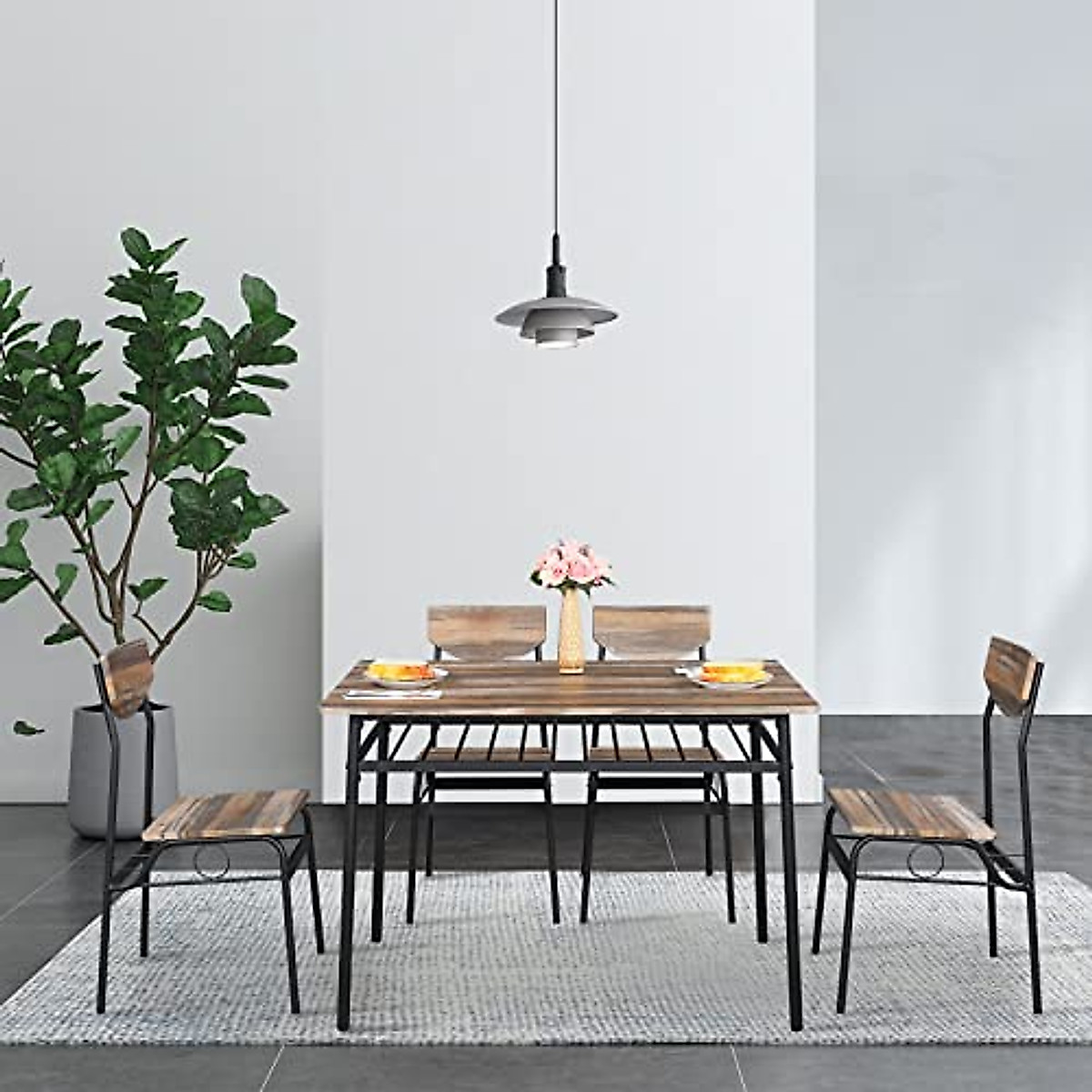 AOCOROE Rectangular Dining Table & Chair Set of 5 w/Storage Space, Dining Room Set w/ 1 Table & 4 Chairs, Table Chair Set w/MDF Tabletop & Iron Frame, for Dining Room, Bistro, Home Bar, Kitchen