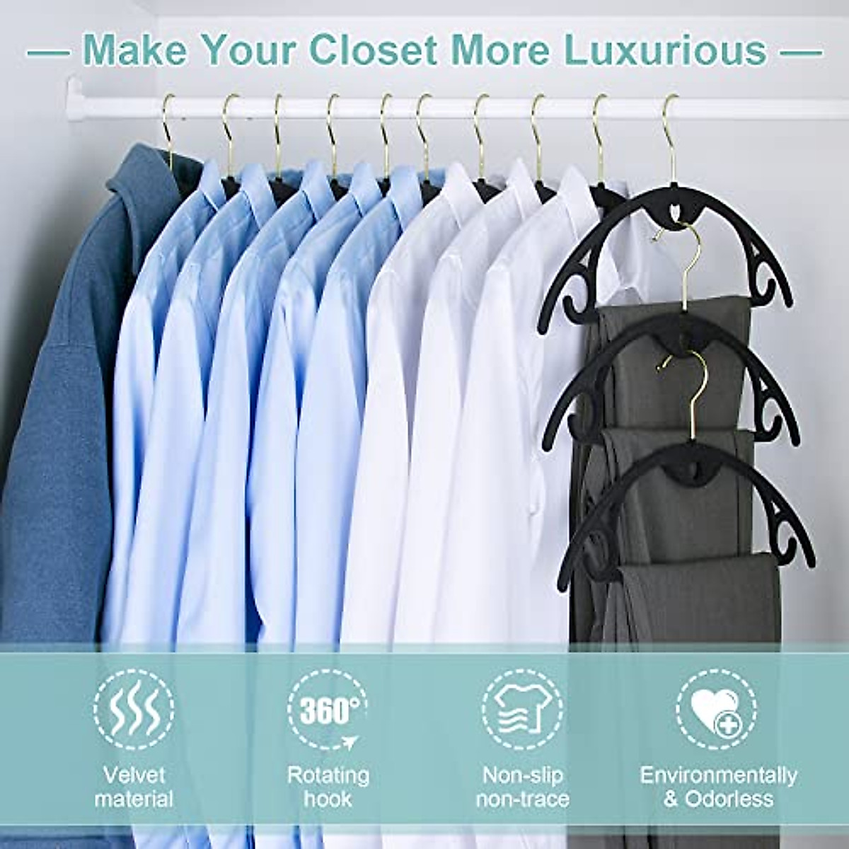 Velvet Clothes Hangers, ESEOE 50 Pack No Shoulder Bumps Suit Hangers with Swivel Hook, Ultra Thin Space Saving, Wide for Coat, Sweaters, Jackets, Shirt, Pants, Dresses (Black with Gold Hook)