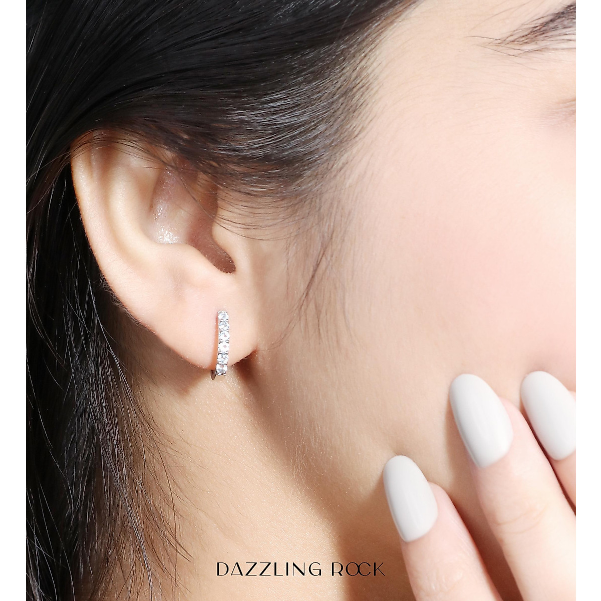 Dazzlingrock Collection Round Blue Topaz Single Row Huggies Hoop Earrings for Women in 14K Solid White Gold