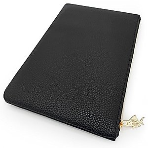 Faux Leather Pencil Case - Leather Look Makeup Bag - Black with Gold Zip - Large
