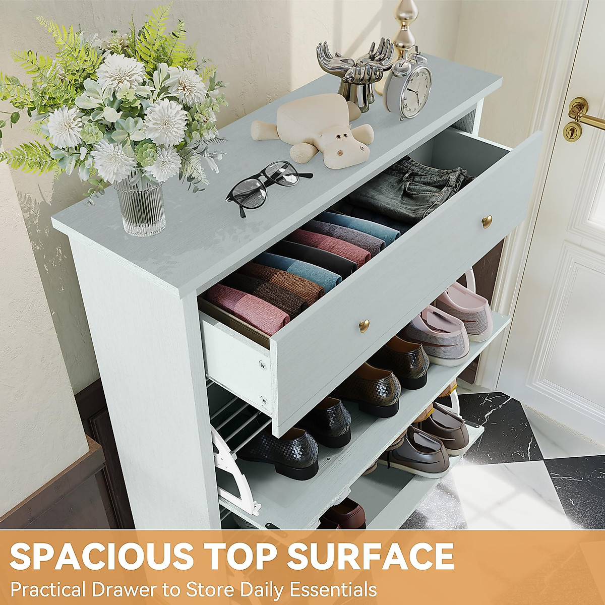 HLR Space Saving Hidden Shoe Cabinet with 2 Flip Doors 1 Drawer, Entryway Shoe Storage Cabinet, Narrow Shoe Rack Cabinet, Freestanding Hidden Shoe Rack Storage Organizer, Green with Gold Legs