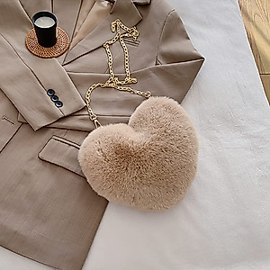 COSTYLE Valentine's Day Women Chain Plush Heart-shaped Bag Faux Fur Crossbody Bag Daily Cute Pouch Plush Wallet Red (Brown)