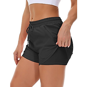 Mancreda Women's Running Shorts with Liner 3 Zipper Pockets Elastic Workout Athletic Gym Yoga Shorts(BK,M) Black