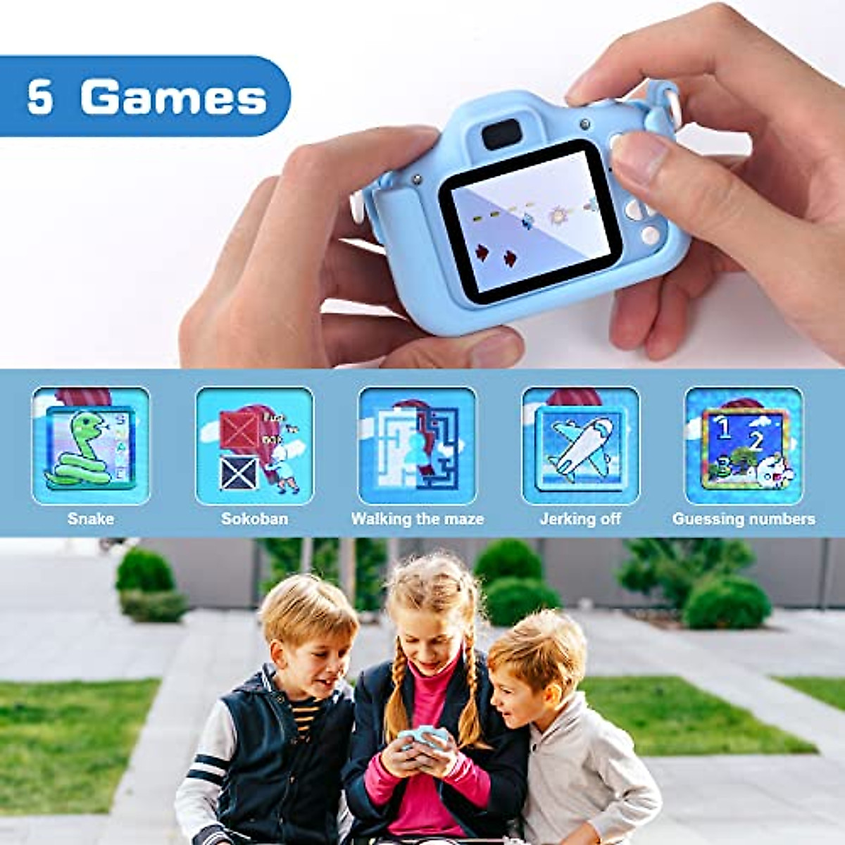 Ainiv Kids Selfie Camera with Unicorn Silicone Cover, Digital Camera with Photo Stickers and Puzzle Games, Boys and Girls Gifts, with 32GB SD Card, IPS Screen 1080P Video Camcorder - Blue