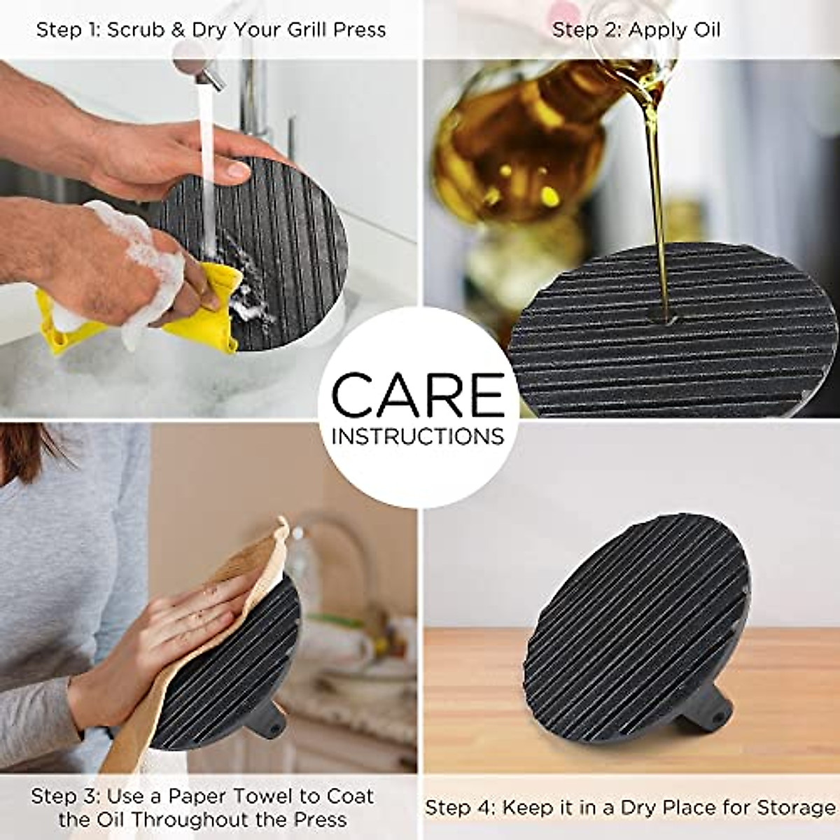 LotFancy Cast Iron Grill Press, 7 Inch, Smash Burger Press for Griddle, Round Bacon Meat Smasher, Wood Handle