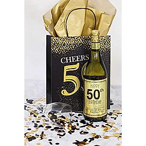 WRAPAHOLIC Medium Size Gift Bags - 12 Pack Cheers to 50 Years Black and Gold Glitter Paper Bags with Gold Tissue Paper for Birthday, Party, Anniversary, Wedding - 8" x 4" x 10"