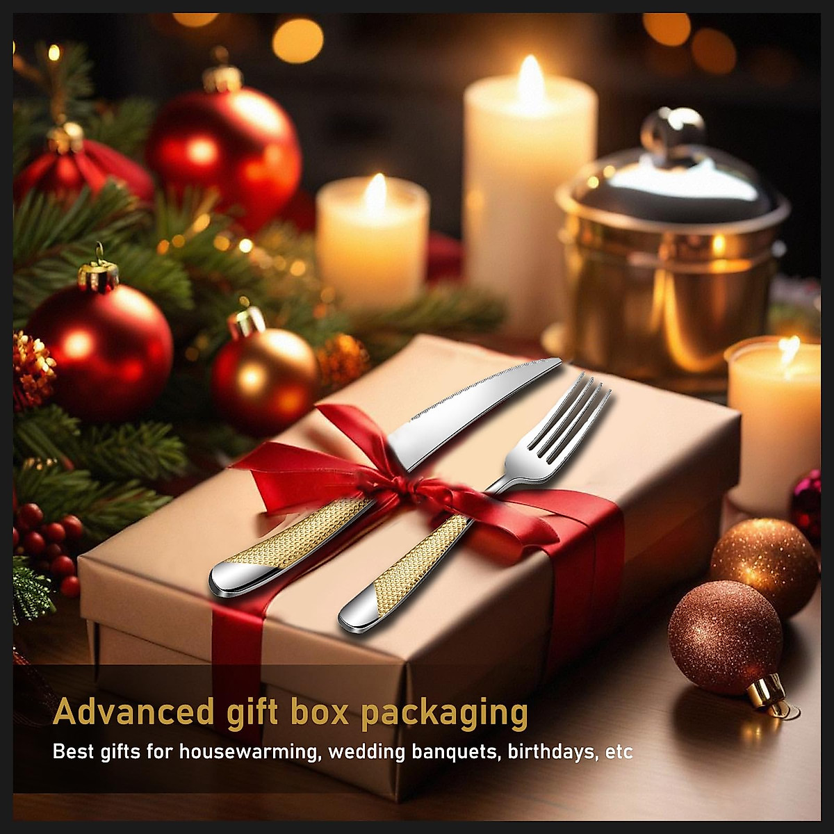 18/8 stainless steel flatware set for 8, tableware set handle France style cutlery set with knife, fork, spoon, steak knife in Diamond texture pattern, perfect as a housewarming gift