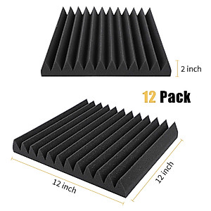 12 Pack Acoustic Panels Sound Proof Foam Panels 12 x 12 x 2 Inches Black Fireproof Soundproof Acoustic Panels for Walls Absorbing Noise Cancelling Panels for Recording Studios, Home, Offices Walls Cei