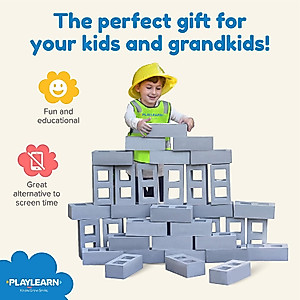 Playlearn 40pc Foam Cinder Blocks for Kids - Children’s Reflective Vest and Storage Bag Included - Actual Brick Size- Lightweight, Soft Building Blocks - Fake Brick Blocks