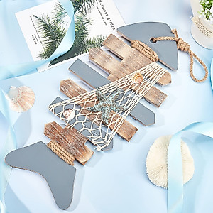 PH PandaHall 50cm/19 Inch Wooden Fish Wall Decor Beach Theme Home Decor Nautical Decoration Fish Bone Wall Decor with Starfish and Shells for Home Holiday House Garden Office Hotel Party, 1pc